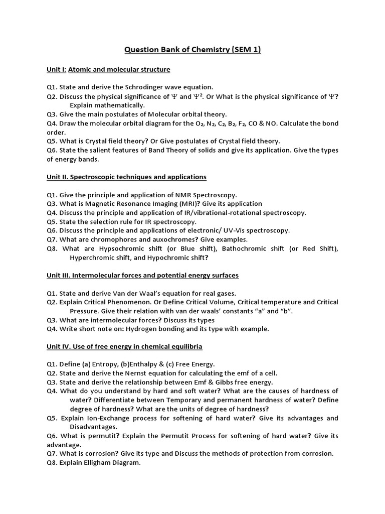 Question Bank of Chemistry (SEM 1) : Unit I: Atomic and Molecular ...