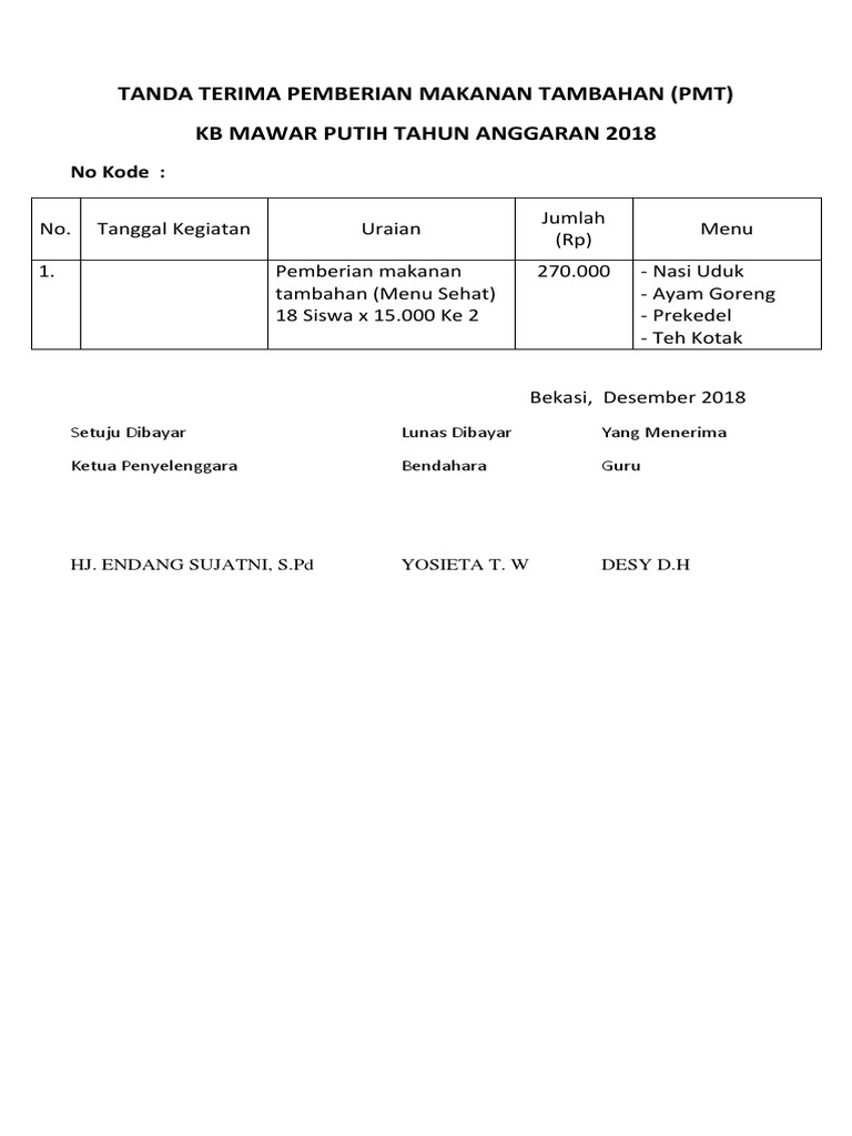 Tanda Terima PMT KB Mawar Putih 2018 | PDF