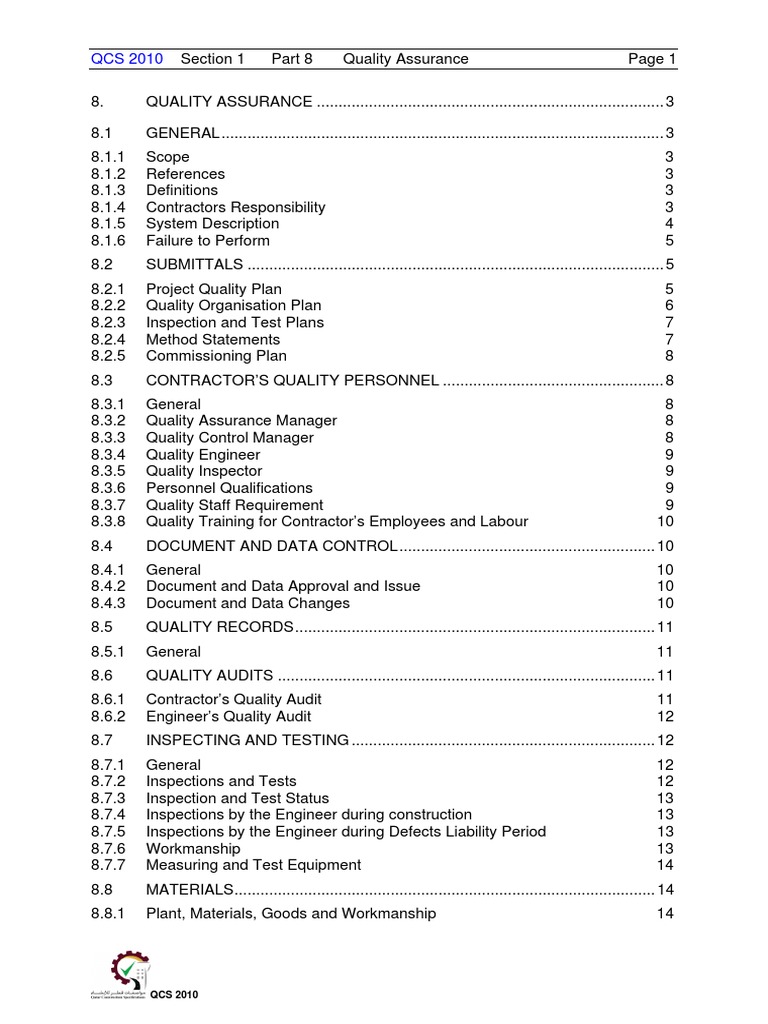 QCS 2010 Section 1 Part 08 Quality Assurance | PDF | Quality Assurance ...