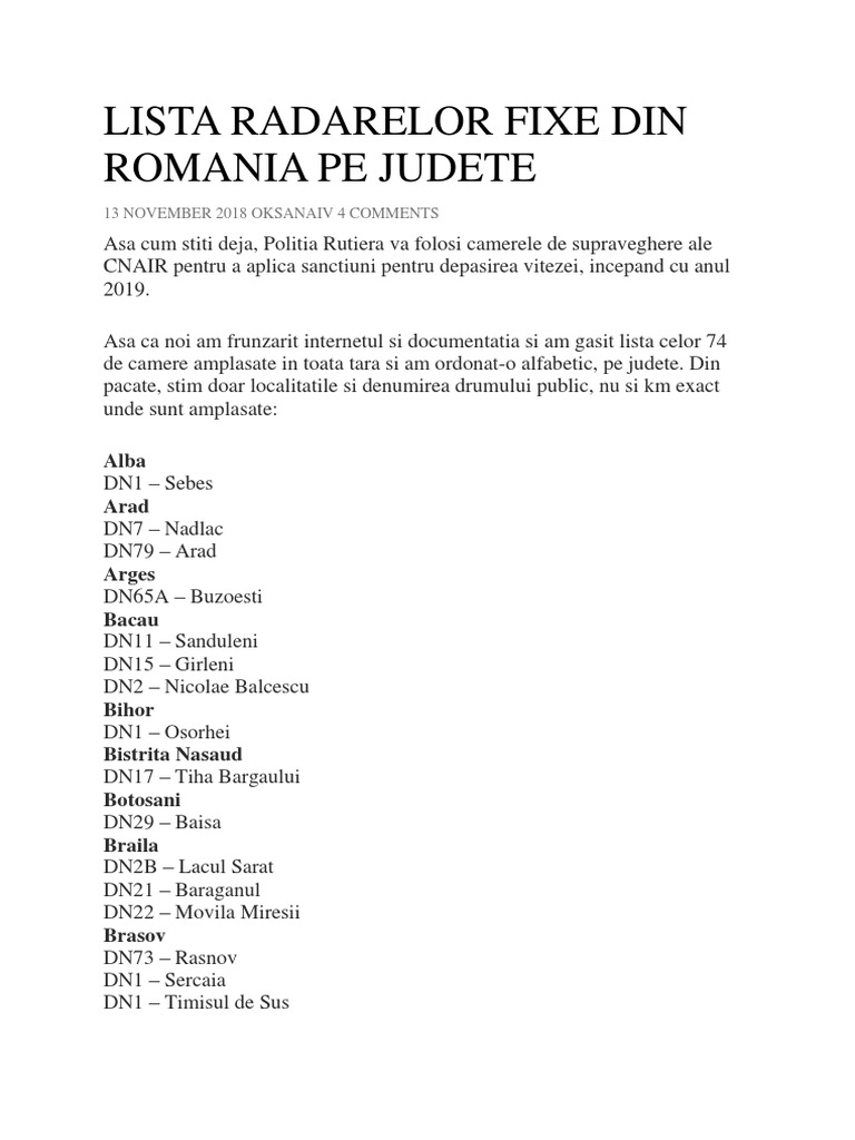 Lista Radare Fixe 2019 | PDF