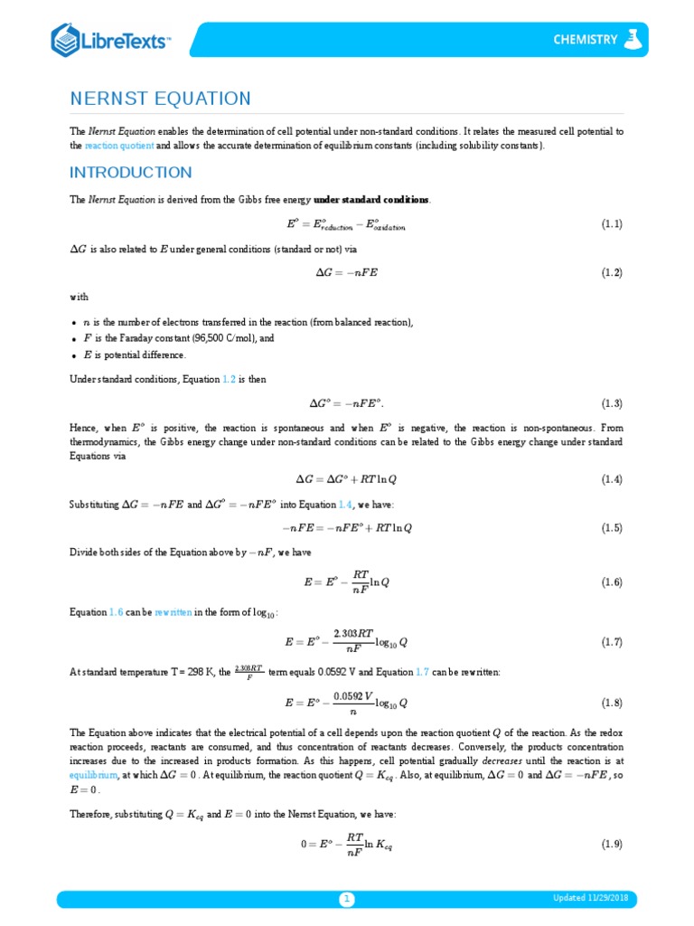 Nernst Equation Explained | PDF | Gibbs Free Energy | Chemical Equilibrium