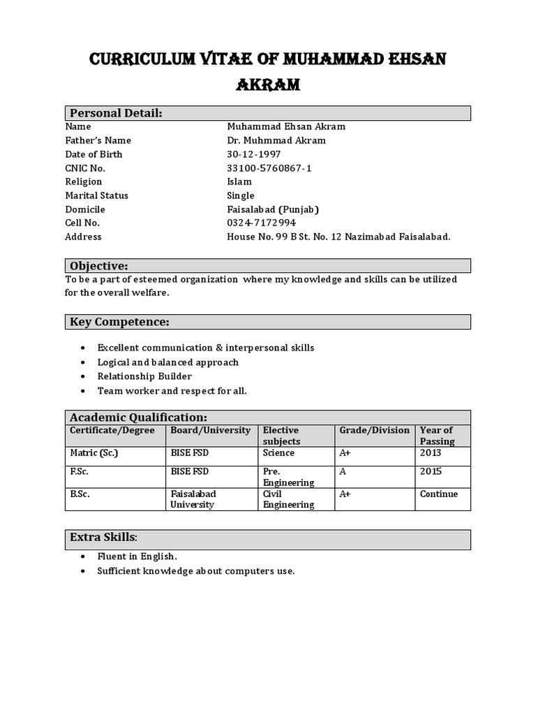 Curriculum Vitae of MUHAMMAD EHSAN Akram: Personal Detail | PDF