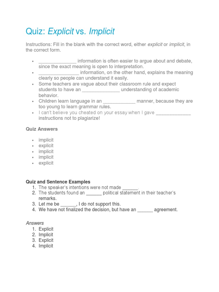Explicit Implicit: Quiz: Vs | PDF | Self-Improvement
