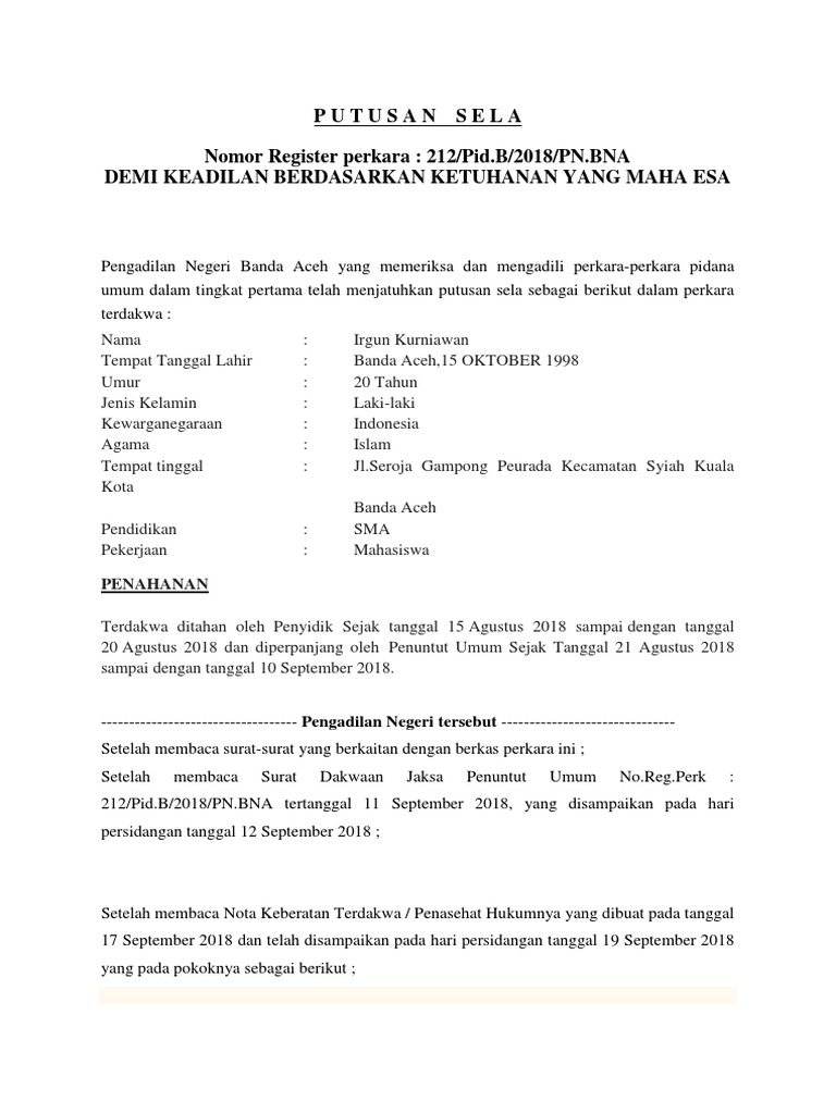 Contoh Putusan Sela Perkara Pidana | PDF