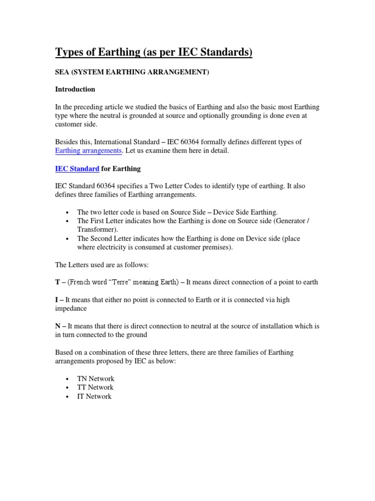Types of Earthing (As Per IEC Standards) | PDF | Wire | Equipment
