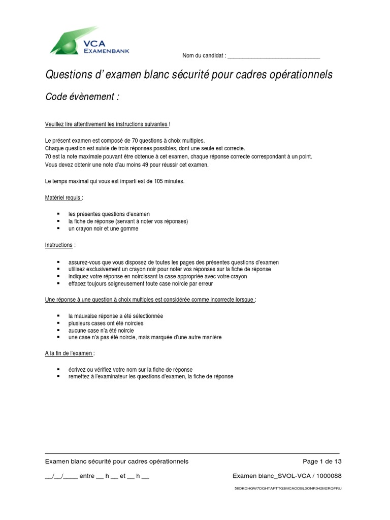 FR Proefexamen VOL VCA Questions | PDF | Sécurité | La combustion