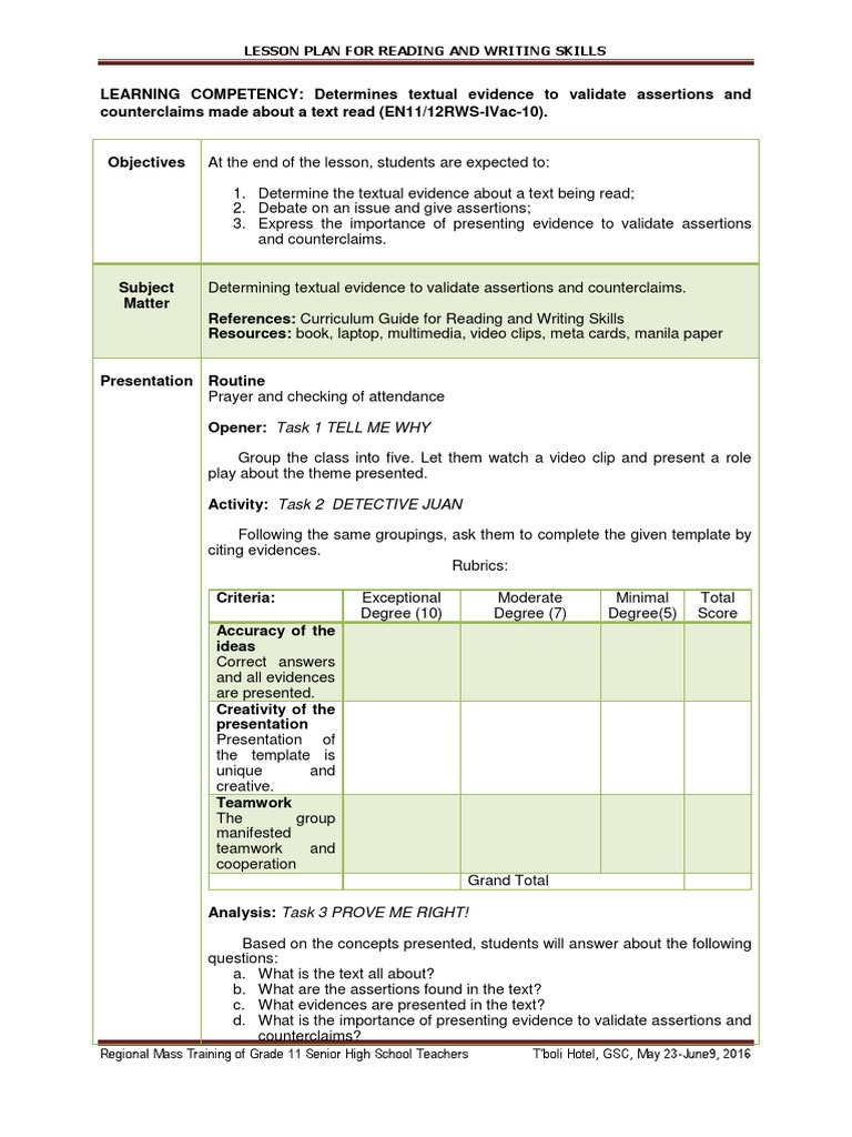 RWS Lesson Plan Learning Competency 10 | PDF | Lesson Plan | Rubric ...
