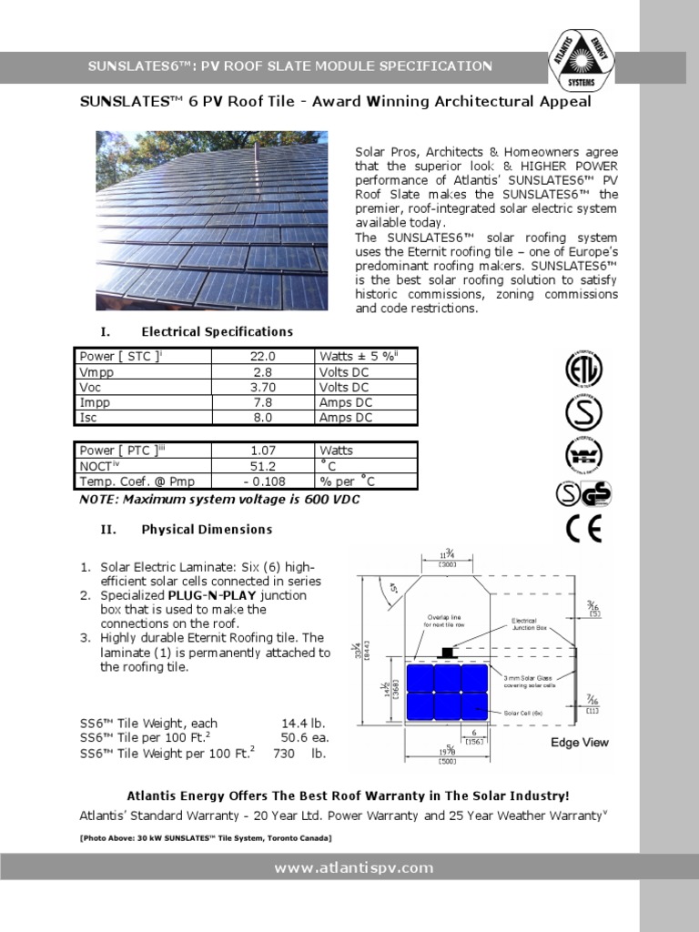 SUNSLATES™ 6 PV Roof Tile - Award Winning Architectural Appeal | PDF ...