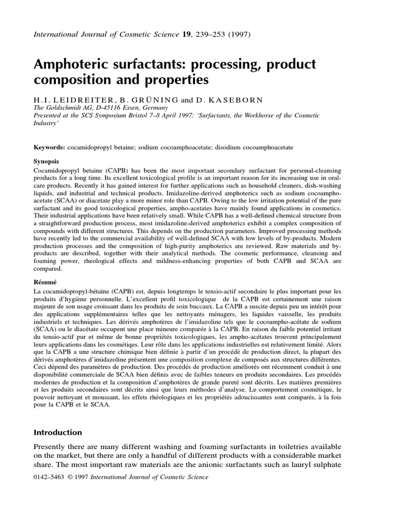 Amphoteric Surfactants: Processing, Product Composition and Properties ...
