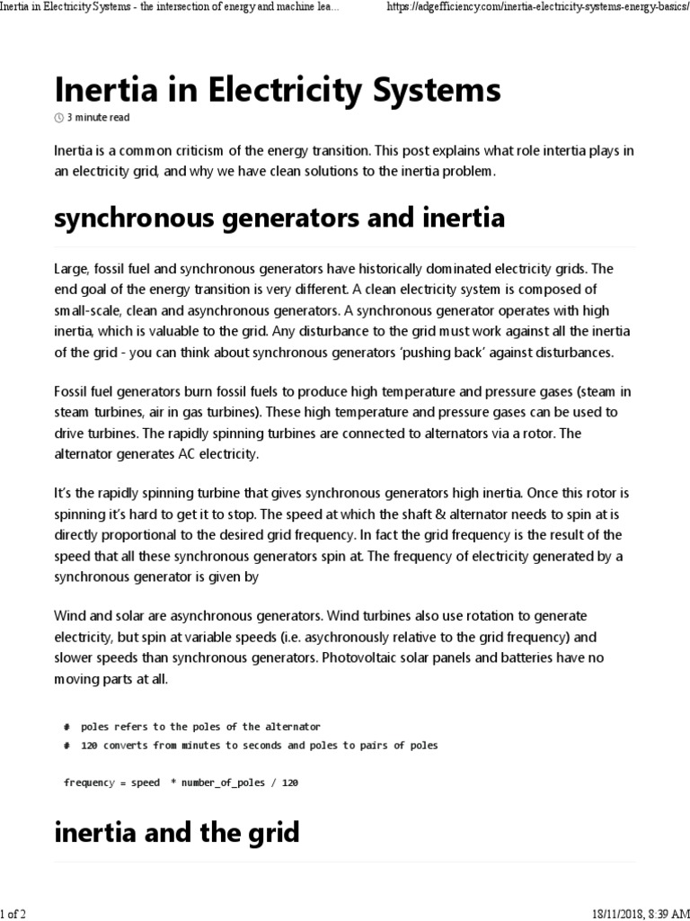 Inertia in Electricity Systems - The Intersection of Energy and Machine ...