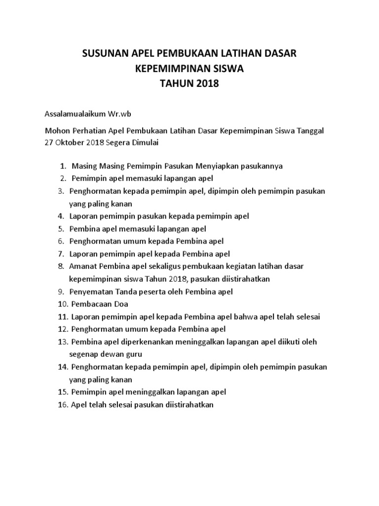 Susunan Apel Pembukaan Dan Penutupan Latihan Dasar Kepemimpinan Siswa | PDF
