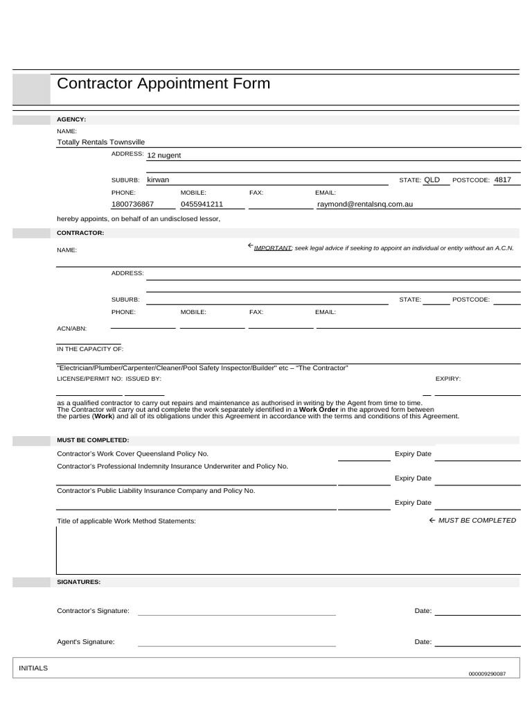 Contractor Appointment Form | PDF | Indemnity | Lease