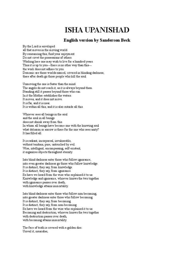 Isha Upanishad: English Version by Sanderson Beck | PDF | Upanishads | Soul