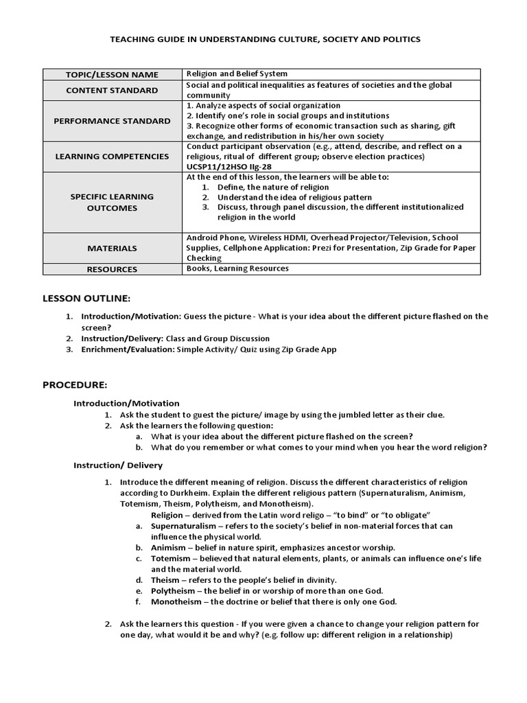 Lesson Outline:: Teaching Guide in Understanding Culture, Society and Politics | PDF ...