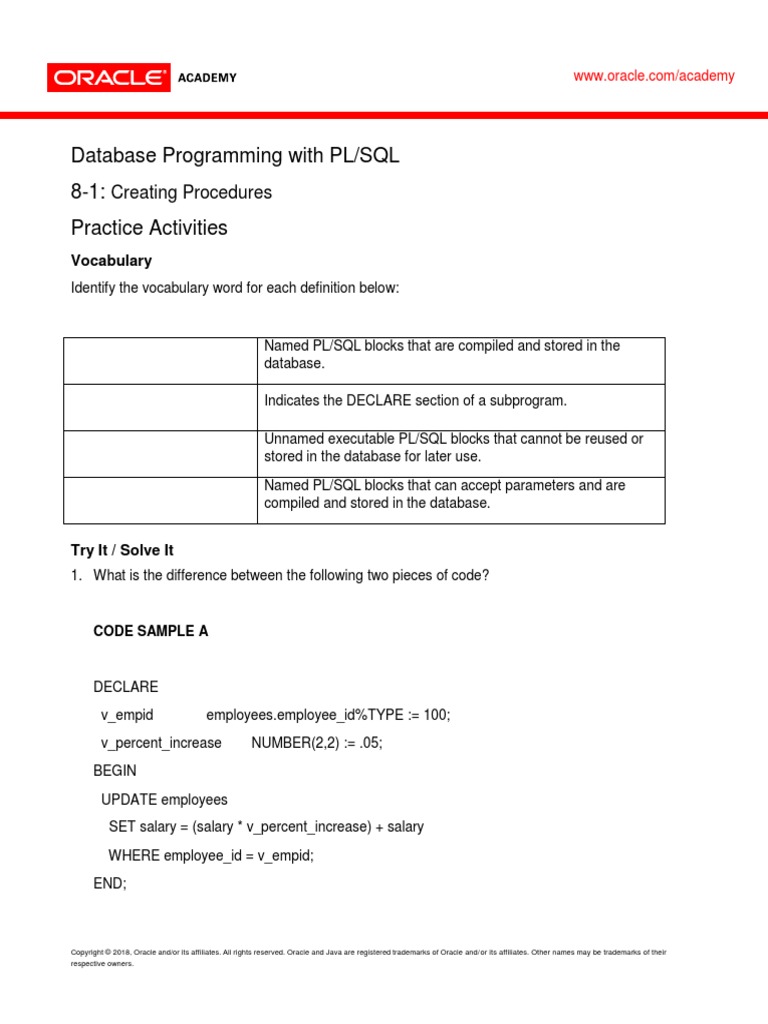 PLSQL 8 1 Practice | PDF | Pl/Sql | Oracle Database