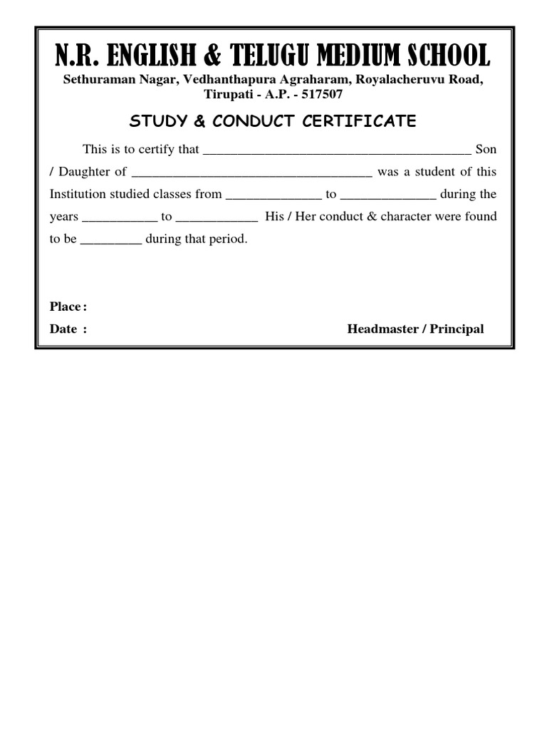 NR English & Telugu Medium School Study & Conduct Certificate | PDF