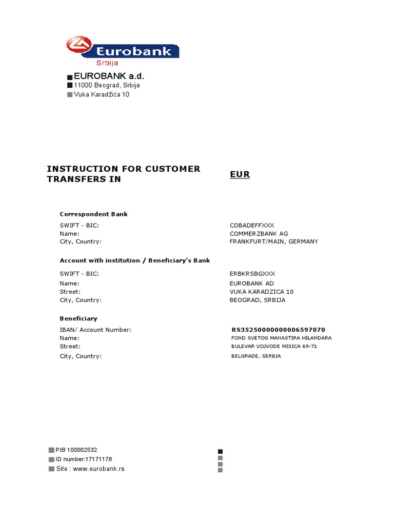 Eurobank A.D.: Instruction For Customer Transfers in EUR | PDF ...
