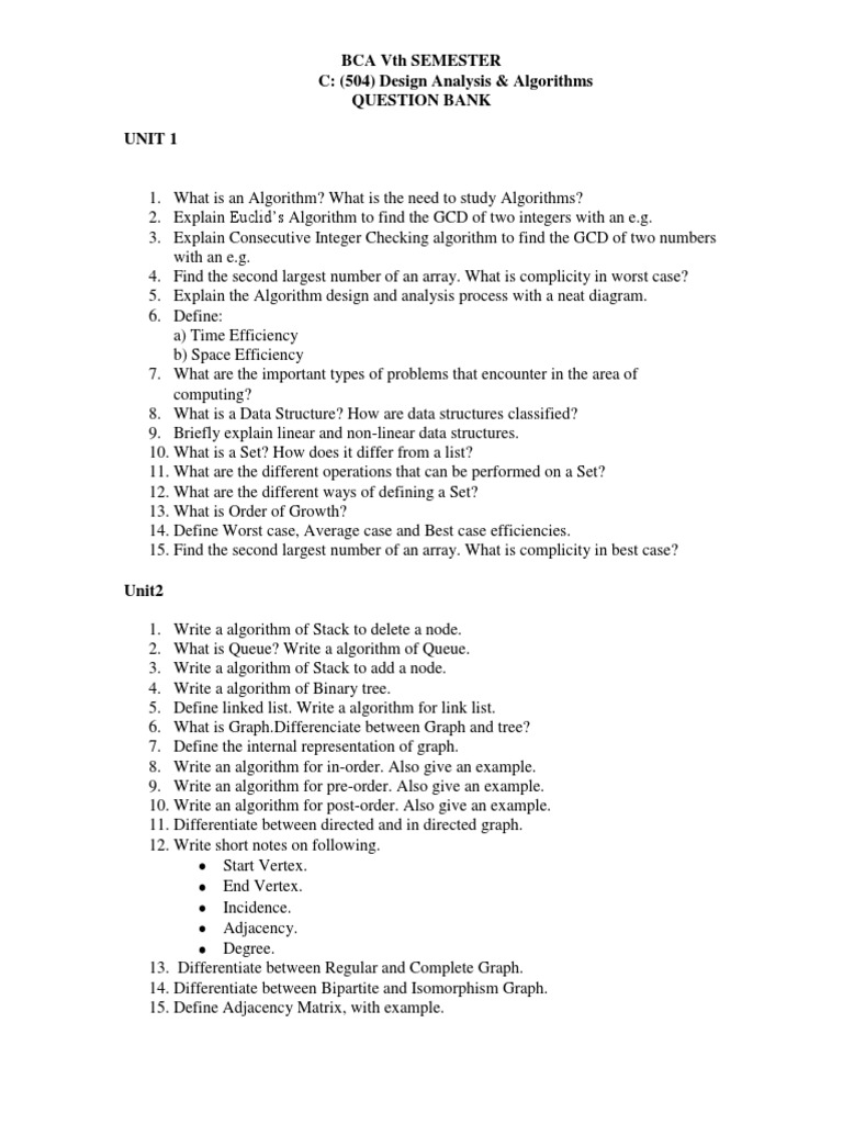Bca Vth Semester C 504 Design Analysis And Algorithms Question Bank Unit 1 Pdf Algorithms