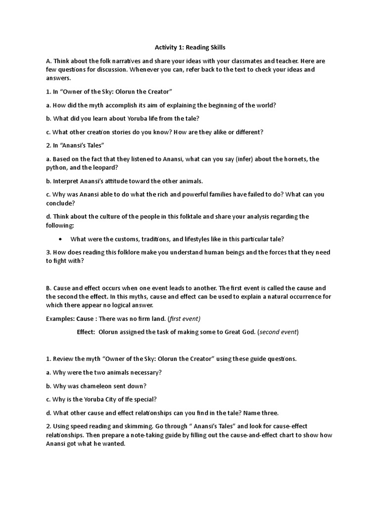 Analyzing Folktales Through Discussion Questions and Cause-and-Effect ...