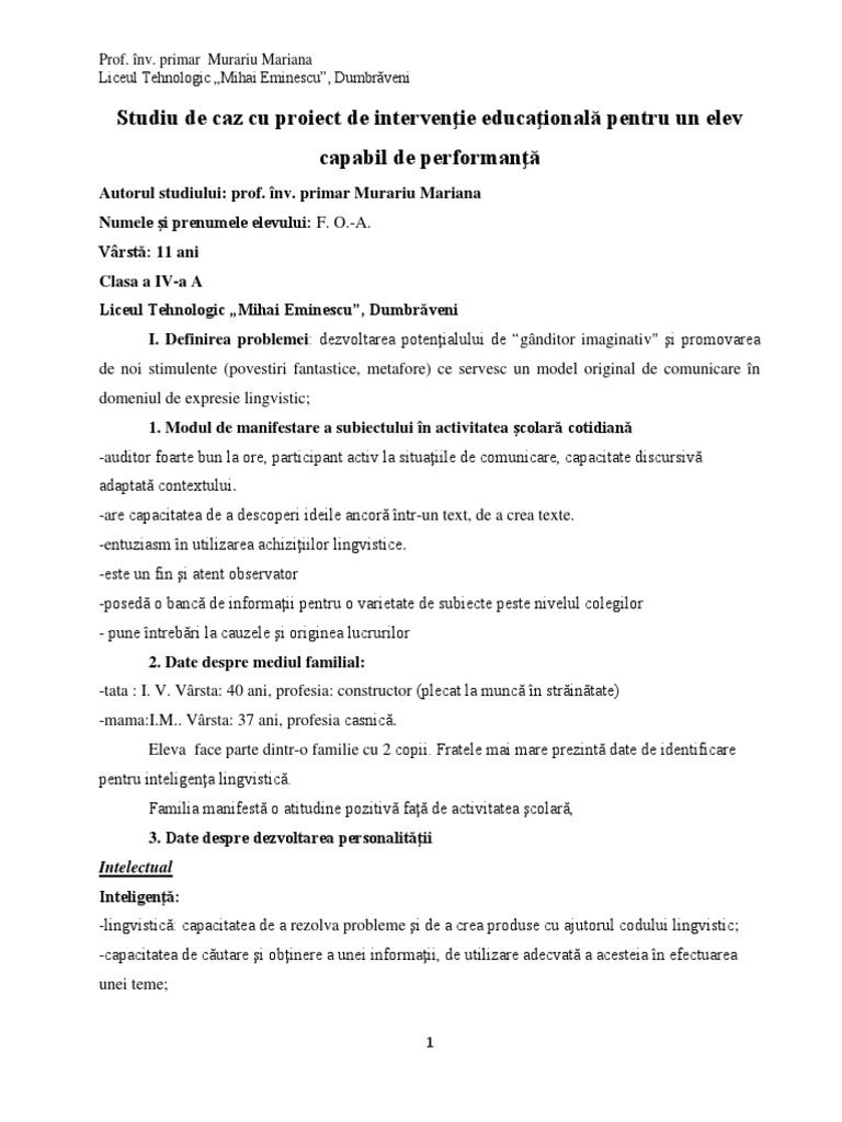 Studiu de Caz Cu Proiect de Interventie Educationala Pentru Un Elev Capabil de Performanta | PDF