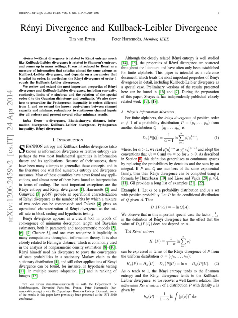 R Enyi Divergence and Kullback-Leibler Divergence: Tim Van Erven Peter ...