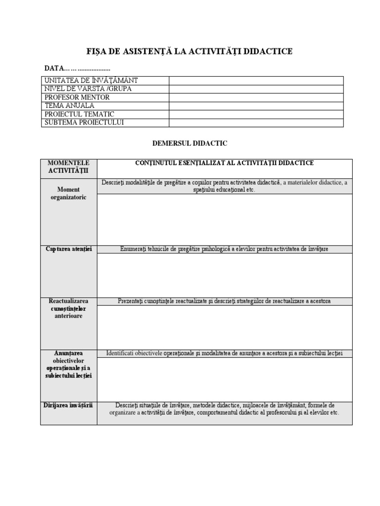 Fisa Asistenta Activitati Didactice | PDF