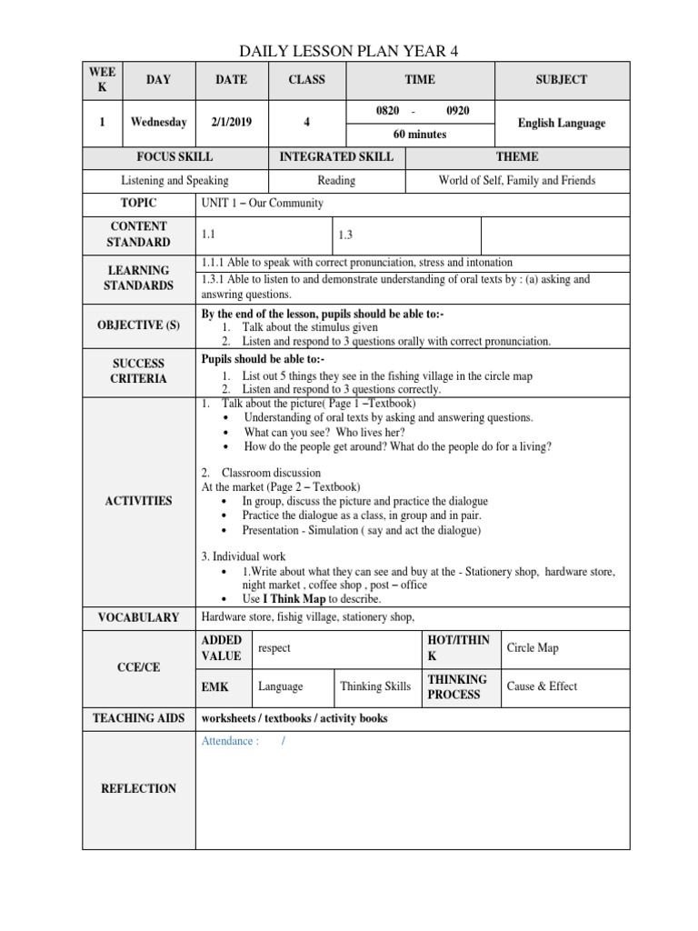 Daily Lesson Plan Year 4: Choose An Item | PDF | Lesson Plan | Question