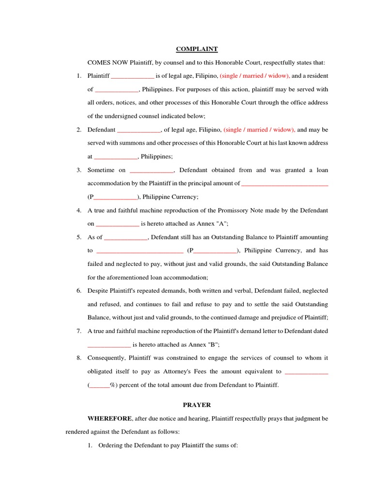 Complaint For A Collection of Sum of Money - Civil | PDF | Complaint ...