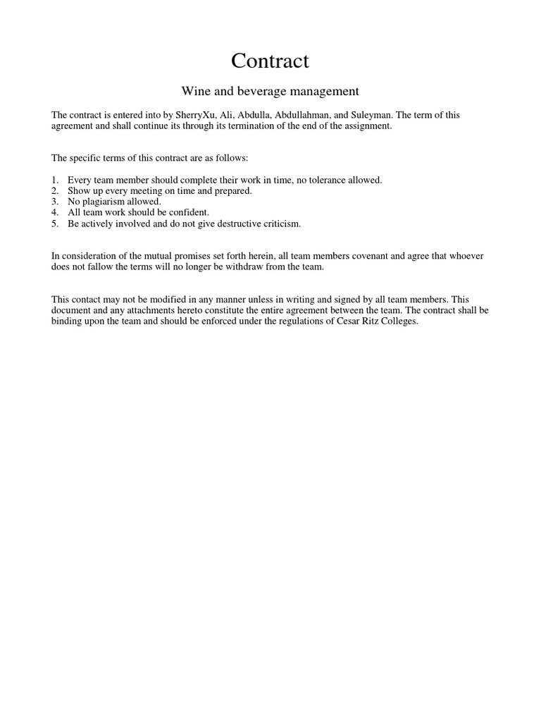 Team Contract for Beverage Management | PDF