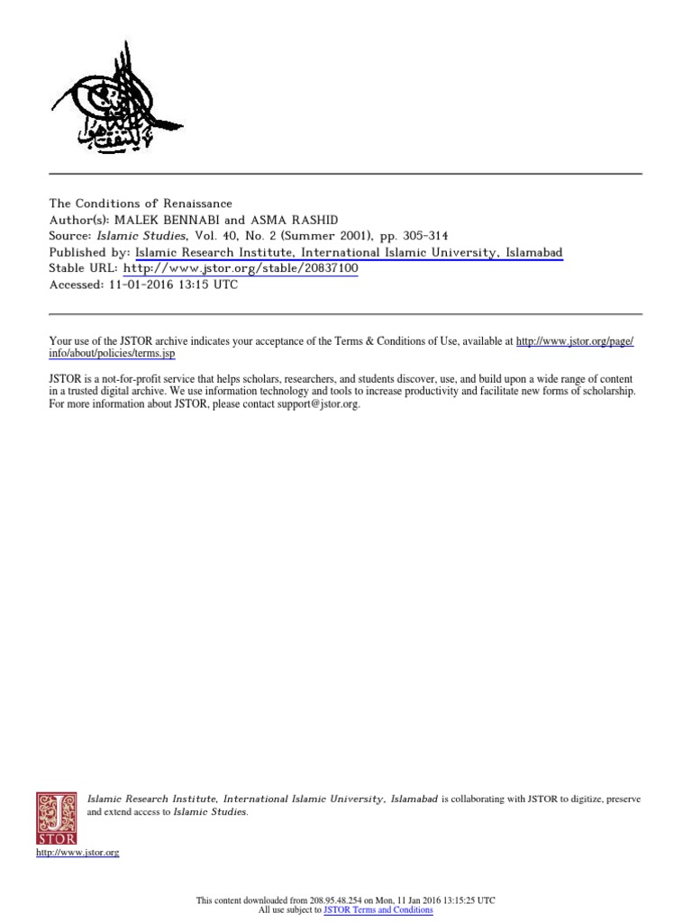 2001 MALEK BENNABI and ASMA RASHID - The Conditions of Renaissance | PDF | Colonialism | Algeria