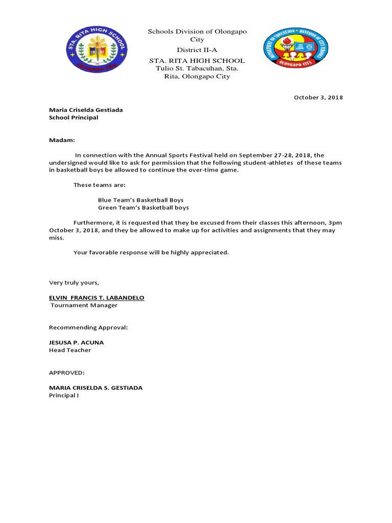 Excuse Letter For Sports | PDF | Health Care