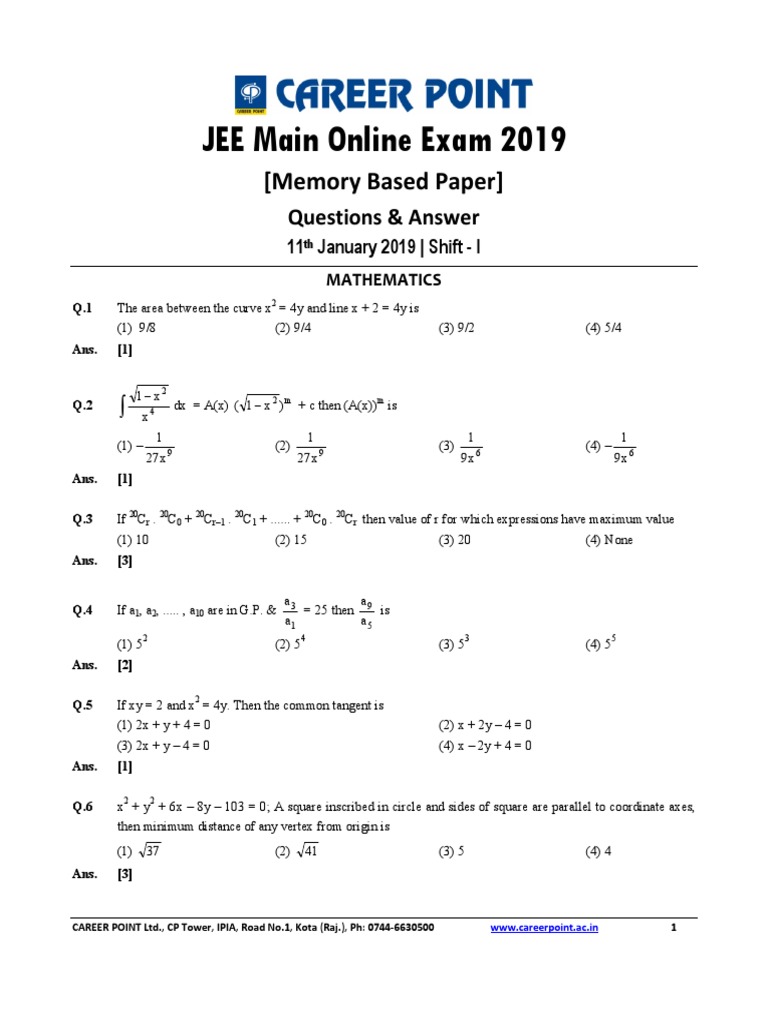 JEE Main 2019 Maths Question Paper | PDF | Perpendicular | Geometry
