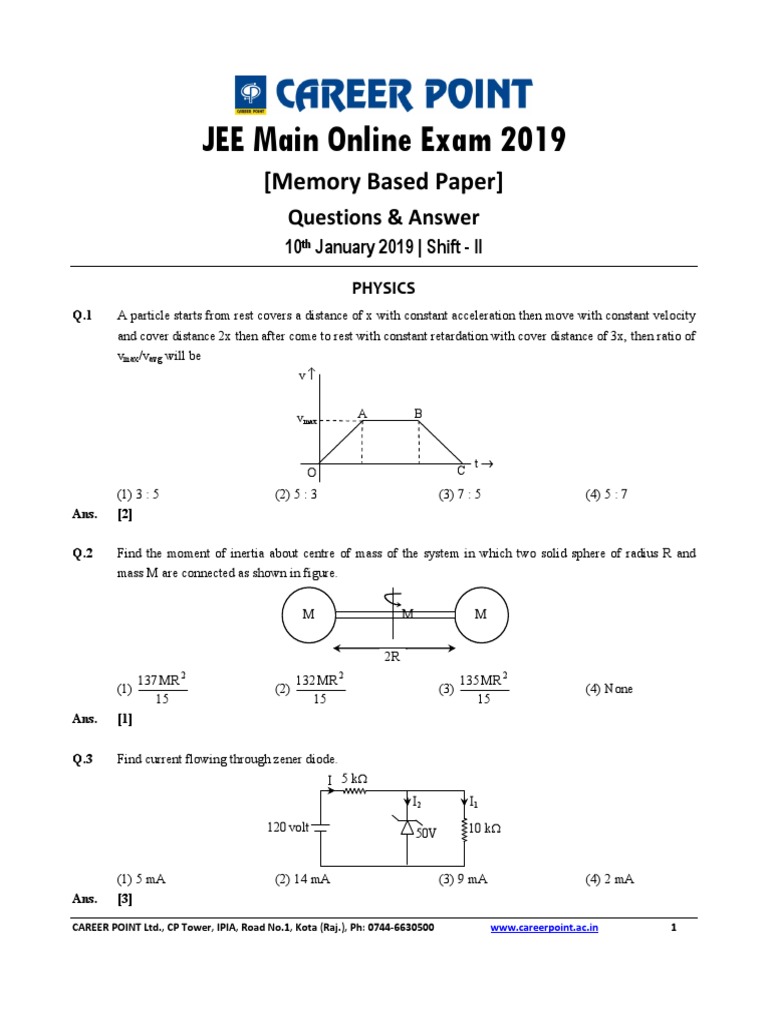 JEE Main Online Exam 2019: (Memory Based Paper) | PDF | Capacitor ...