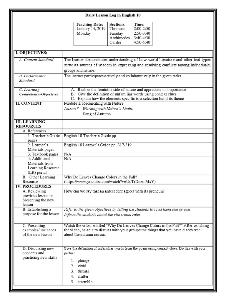 Song of Autumn by Charles Baudelaire (Lesson Plan) | PDF | Lesson Plan ...