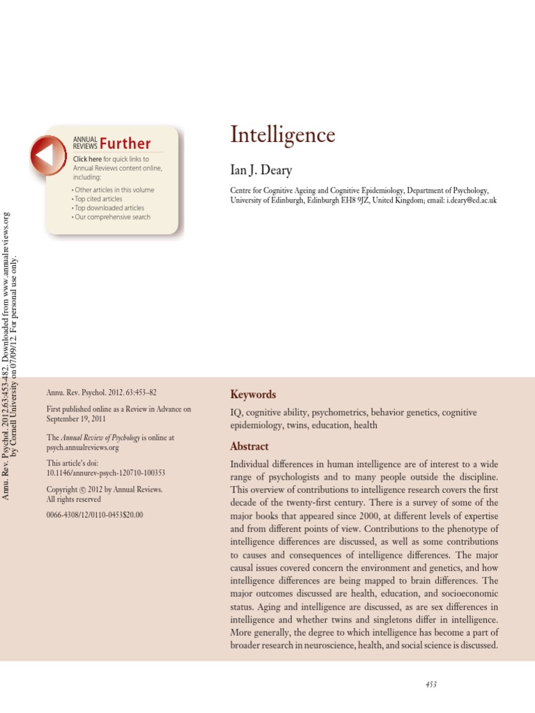 Deary, I. J. 2012. "Intelligence" | PDF | Intelligence Quotient | Intelligence