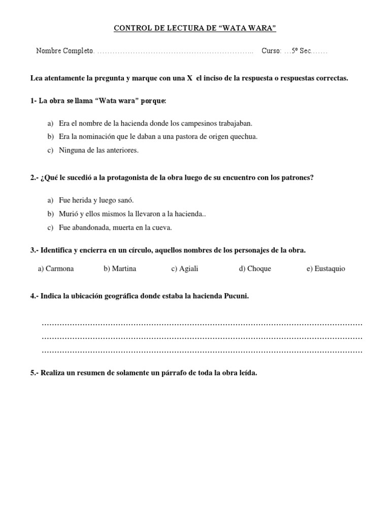 Control de Lectura de Wata Wara | PDF