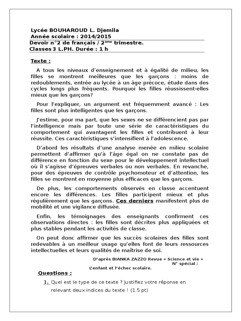 Devoir N 2 de Francais 2eme Trimestre 2AS | PDF | Phrase | Sciences cognitives