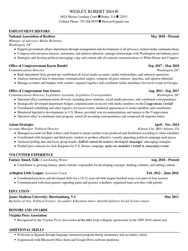 Resume WesleyShaw | PDF | United States Congress | American Government