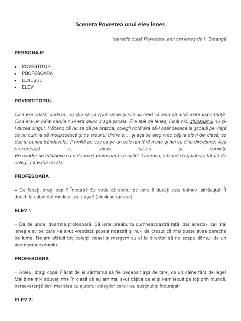Sceneta Povestea Unui Elev Lenes | PDF