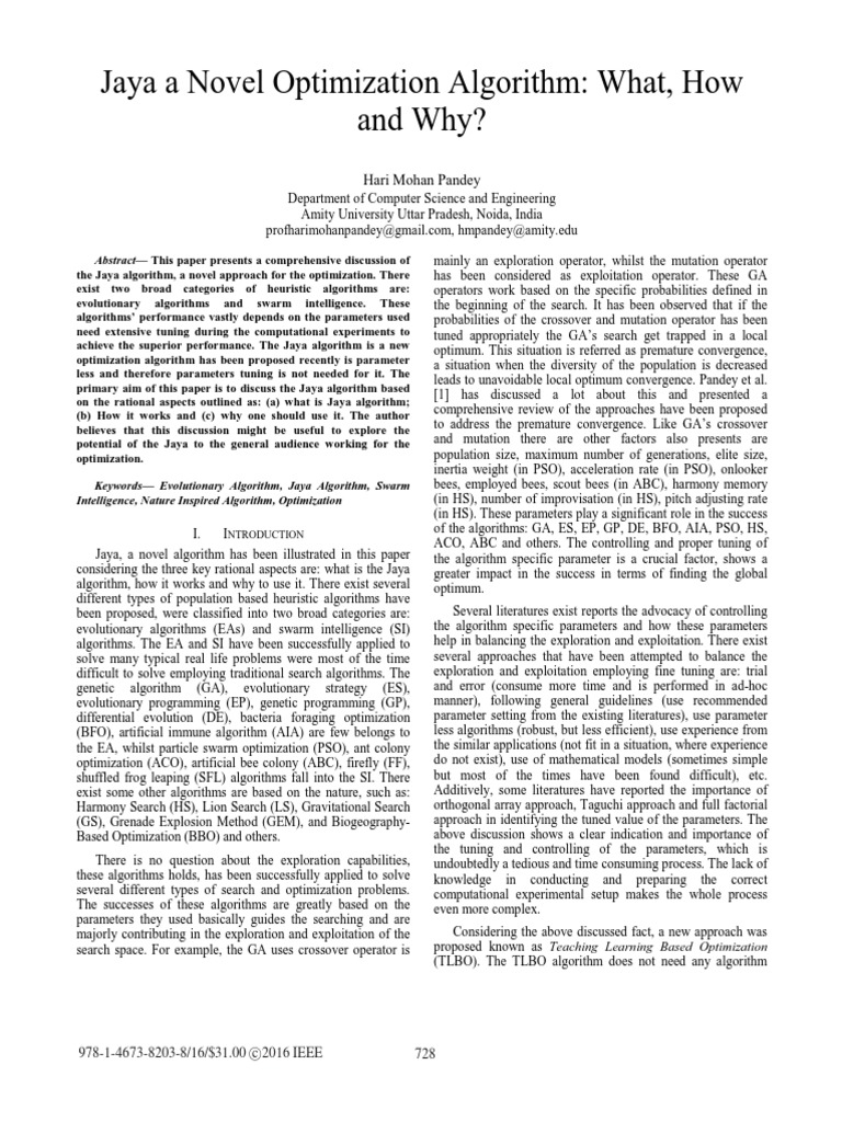 Jaya A Novel Optimization Algorithm: What, How and Why?: Hari Mohan ...