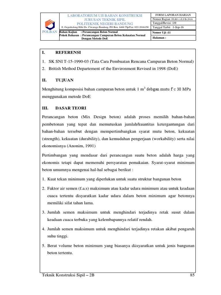 JOB 11 MIX DESIGN BETON NORMAL METODE DoE | PDF