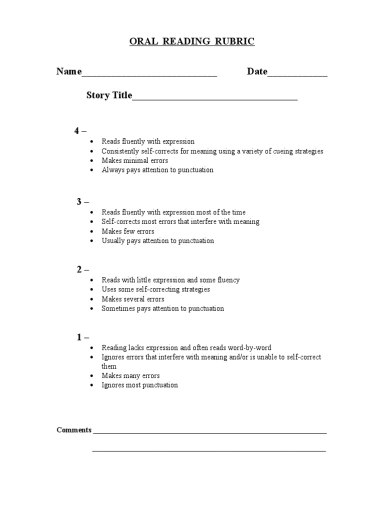 Oral Reading Rubric Name - Date - Story Title | PDF