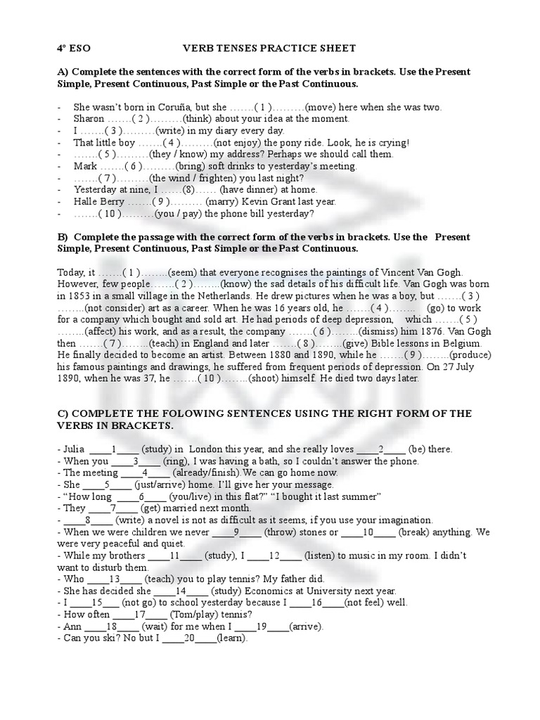 Verb Tenses Practice Sheet | PDF | Grammar | Syntax