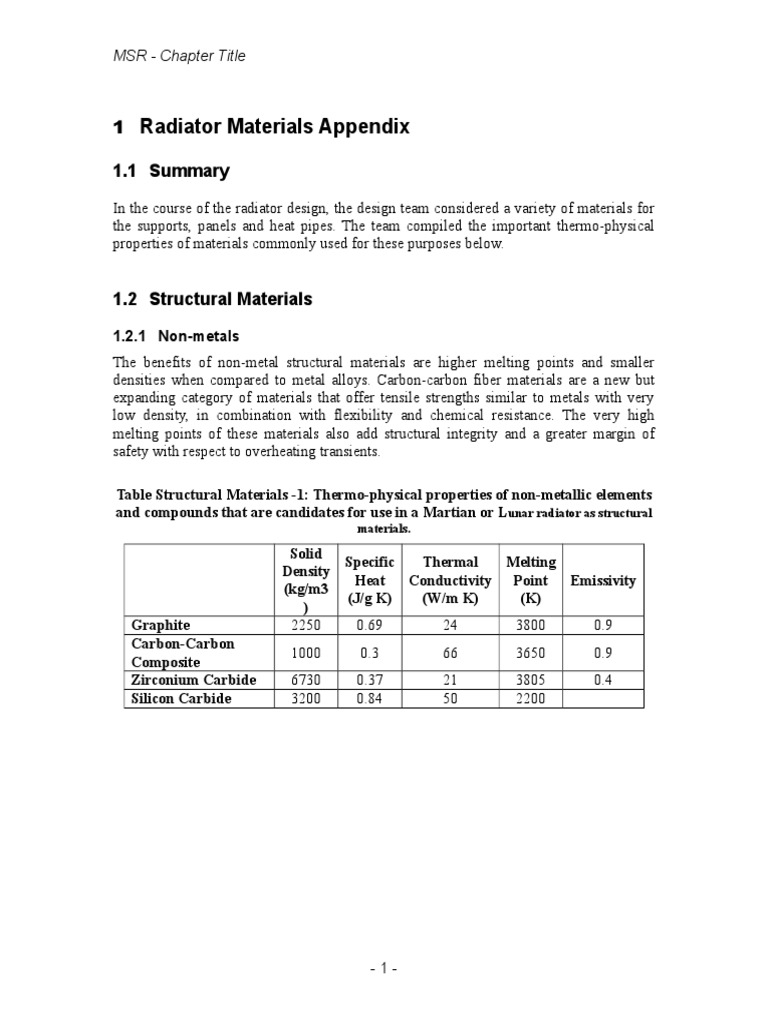 Radiator Materials Appendix: 1.1 Summary | PDF | Solid | Density