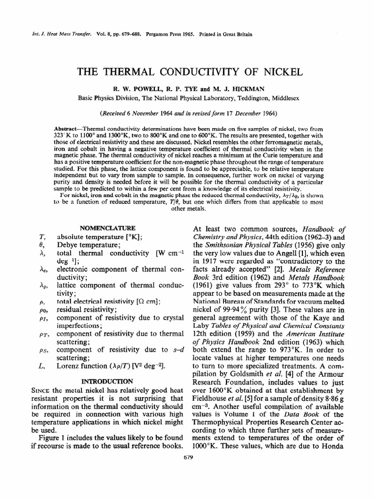 The Thermal Conductivity of Nickel: R. W. Powell | PDF | Electrical ...