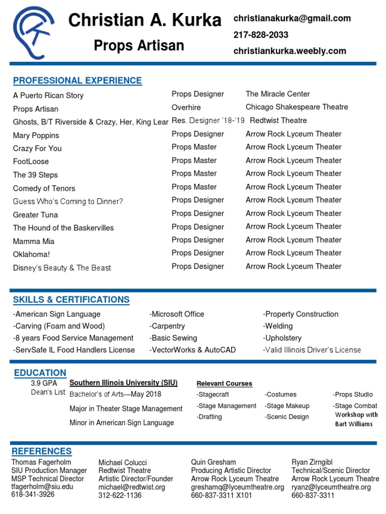 Kurka - Props Artisan Resume 18 | PDF | Theatre | Entertainment