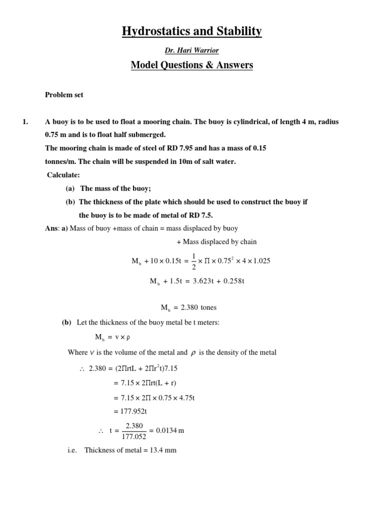 Hydrostatics and Stability: Model Questions & Answers | PDF