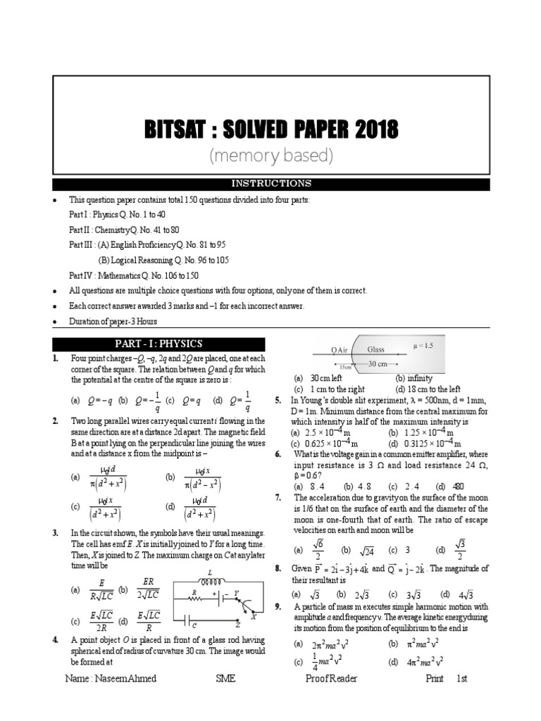 Bitsat 2018 Question Paper | PDF | Particulates | Magnetism