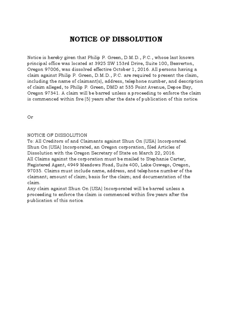 Notice of Dissolution for Two Oregon Corporations | PDF