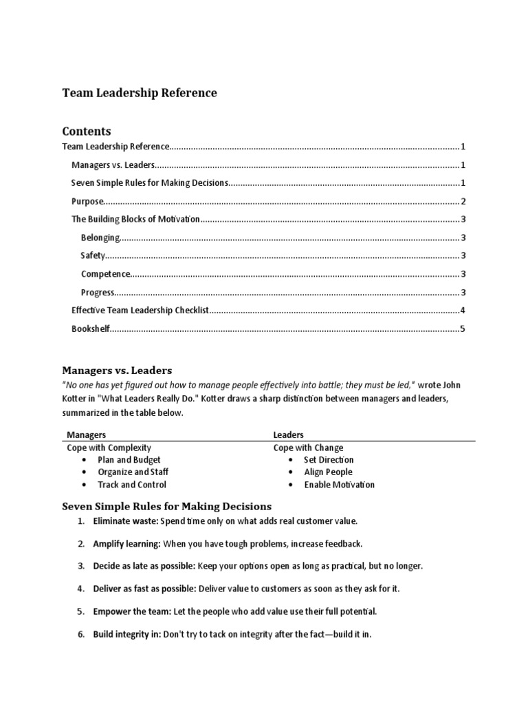 Team Leadership Reference: Managers vs. Leaders | PDF | Motivational ...